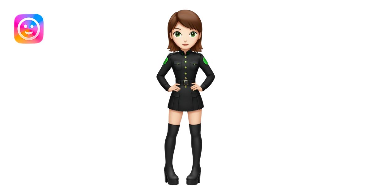 Create Dominatrix in total black uniform ,green eyes,brown hair and ...