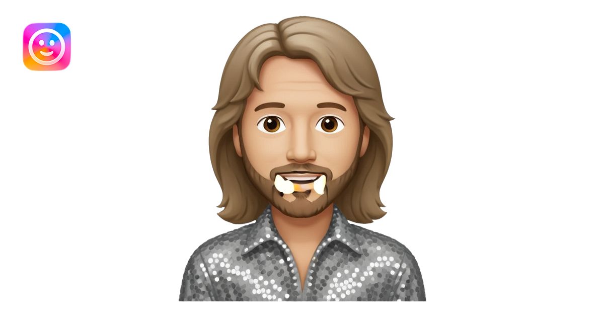 Barry Gibb from Bee Gees with light grey sequin outfit, long brown hair ...