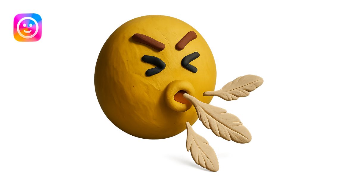 claymation style classic yellow round face emoji spitting feathers ...