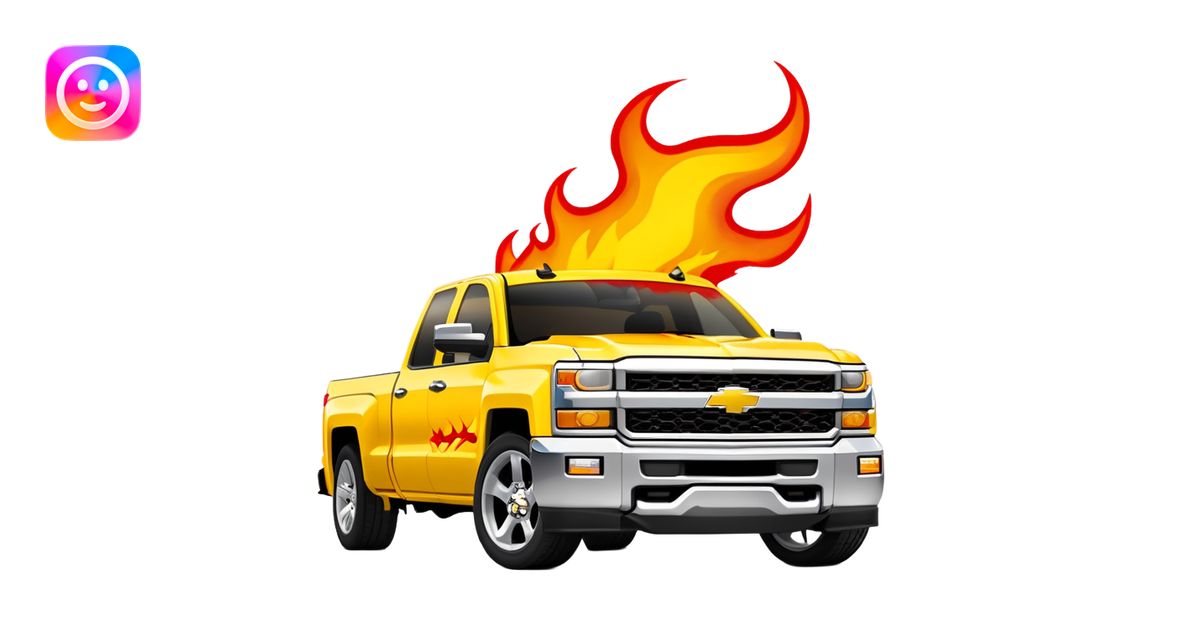 Yellow Chevrolet Silverado with custom red flame artwork specifically ...