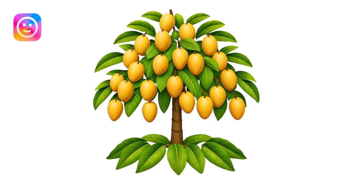 A 3D cartoon mango tree with golden-yellow mangoes visible among dense ...