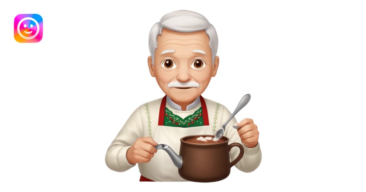 A gentle old man in a festive sweater and a white apron, stirring a pot ...