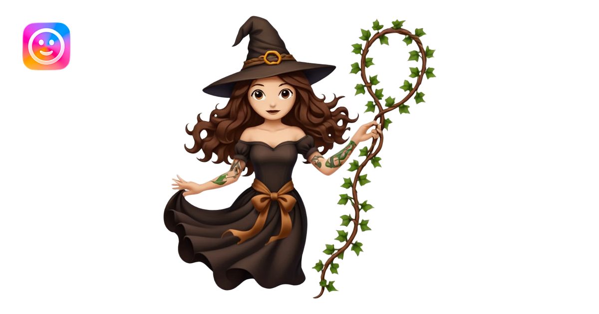 witch woman long wavy brown hair tattoos pulling vine ribbon slowly ...