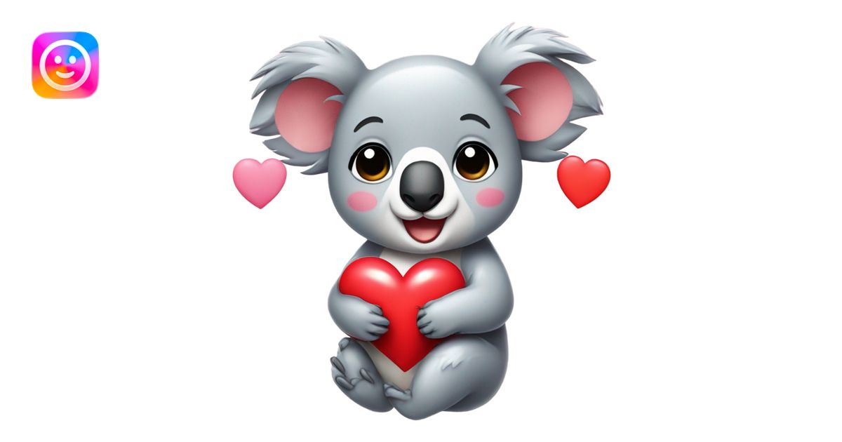 A really adorable koala in kawaii style holding a cartoon heart emoji ...