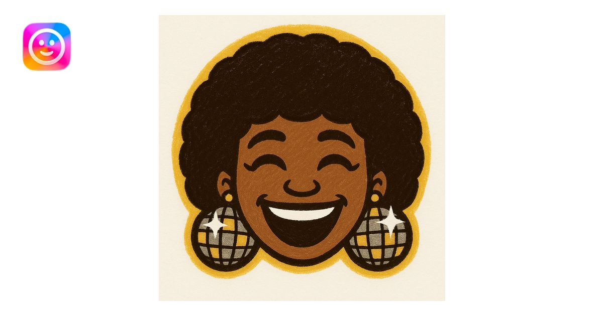 Create a 1970s disco emoji of just the head of a female African ...