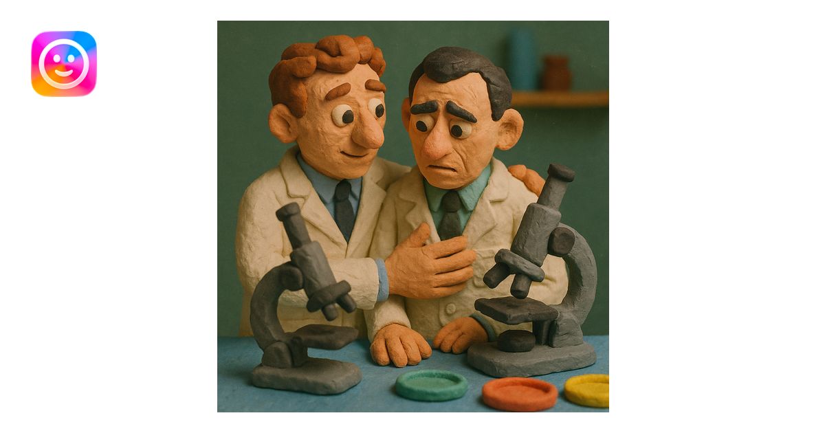 Two caring 1940s male scientists wearing white lab coats over a suite ...