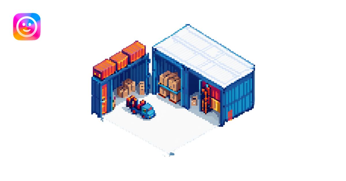 isometric warehouse building with loading dock, shipping containers ...
