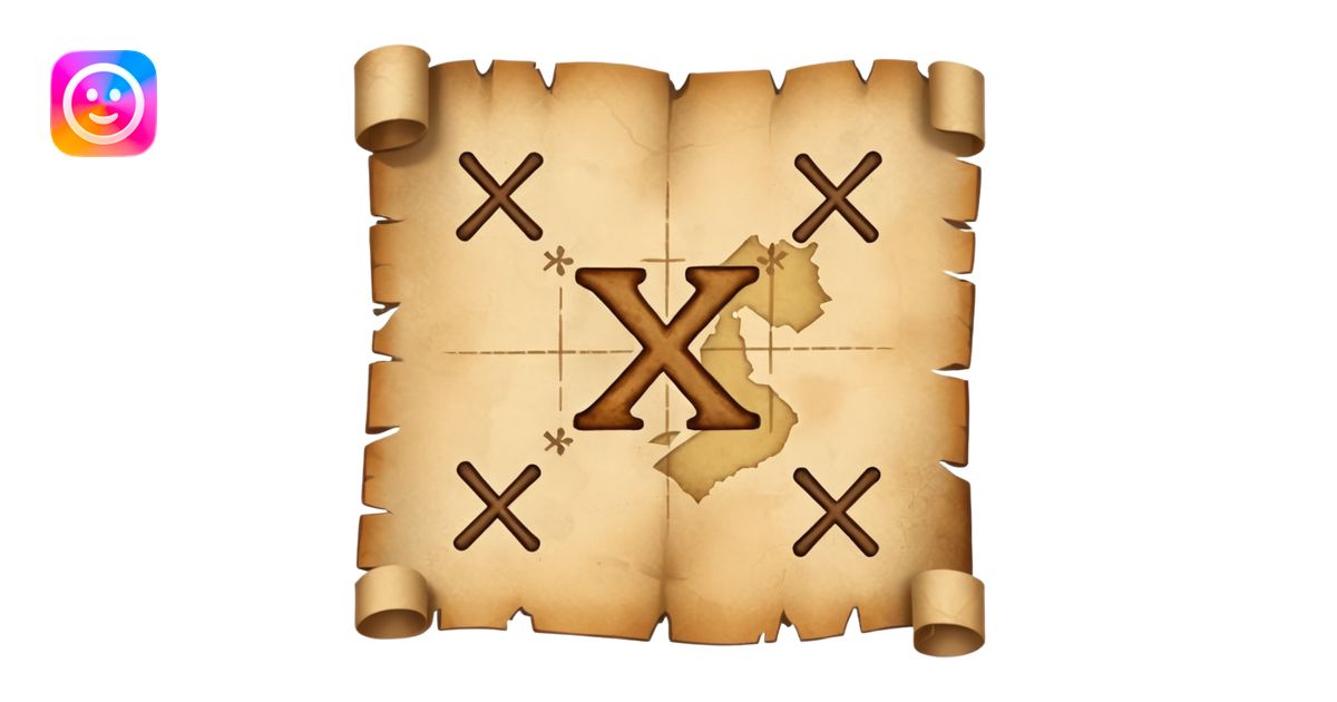 ["Aged treasure map with an “X” mark and dotted trail."] emoji | AI ...