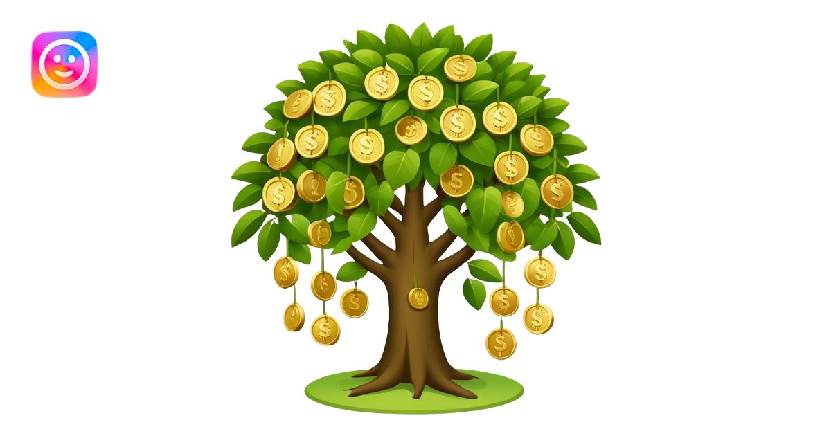 Apple-style money tree (not so mush coins), round soft green canopy. No ...