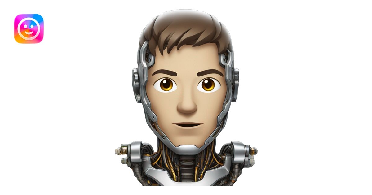 Male cyborg head with metallic plated face, short brown hair and ...