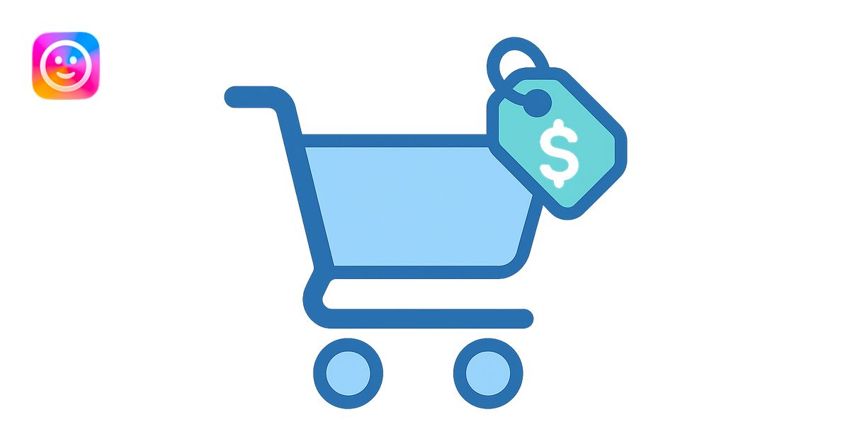 Shopping cart with a price tag, flat emoji style, outline with blue and ...