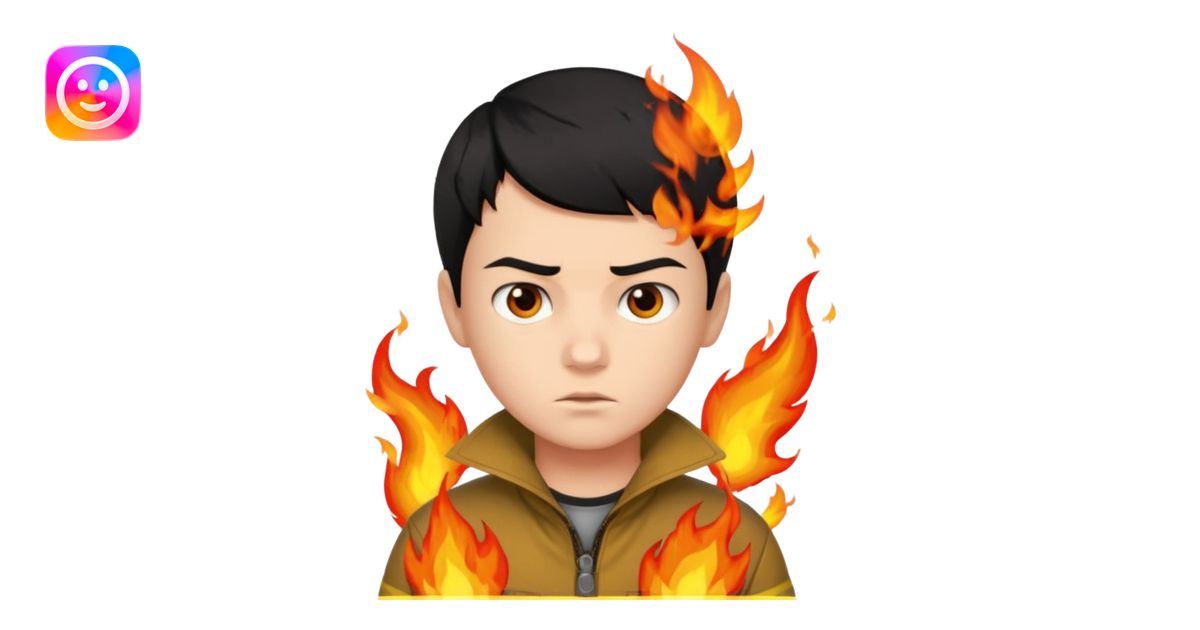 boy with short black hair, fire, risk-taker, realist emoji | AI Emoji ...