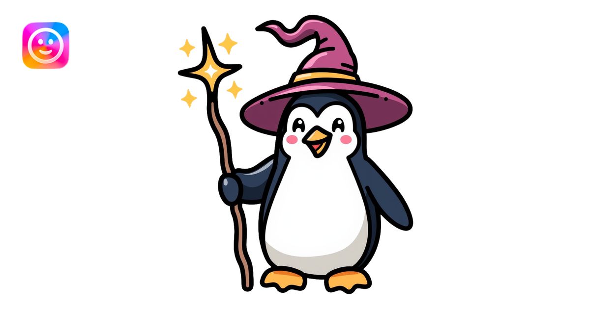 Penguin dressed as a wizard with a magical wand and pointy wizard hat ...