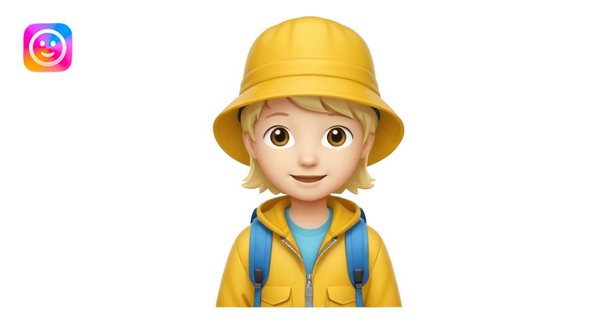 Little student wears yellow bucket hat and jacket, backpack, happy ...
