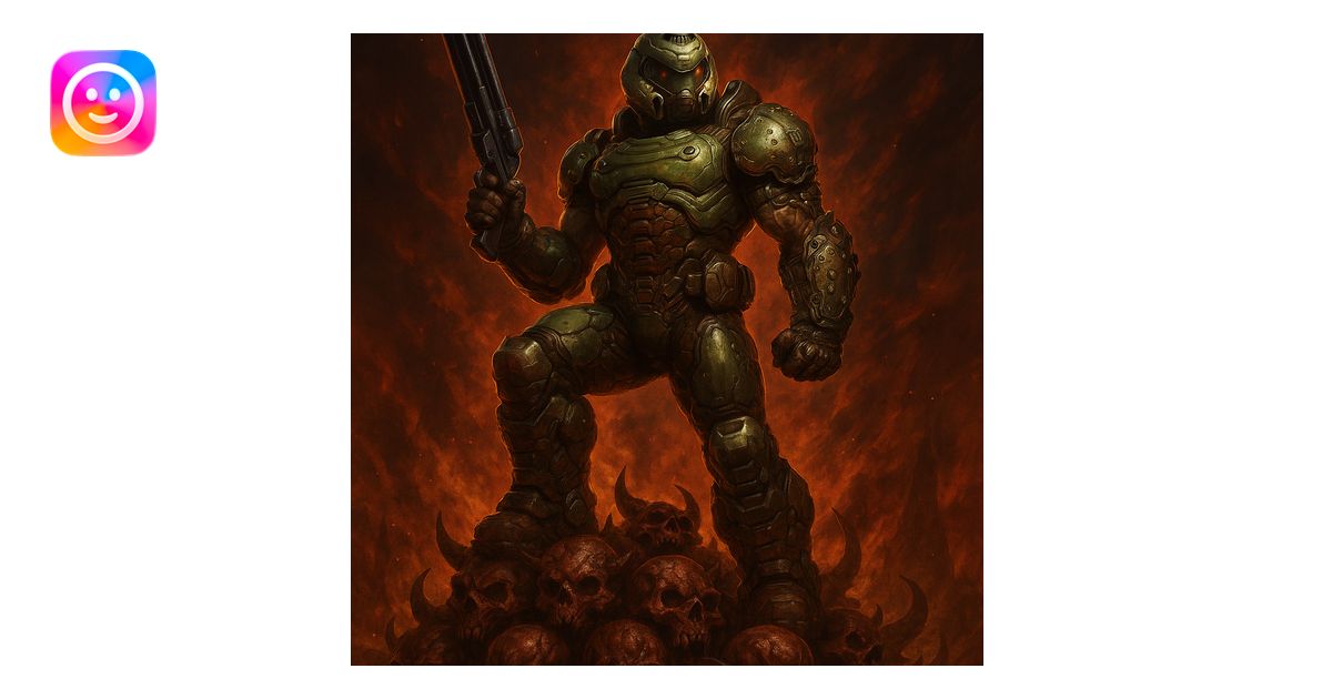 The Doomslayer, standing on a pile of demon skulls, green armor ...