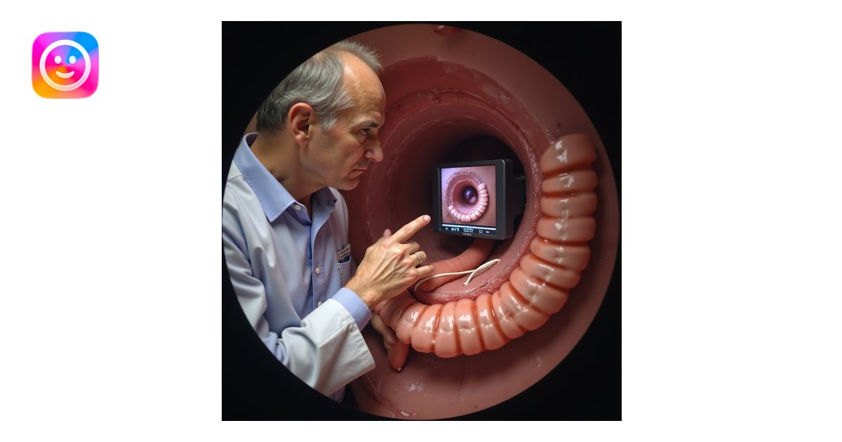 realistic colonoscopy of middle-aged man, monitor showing polyp removal ...