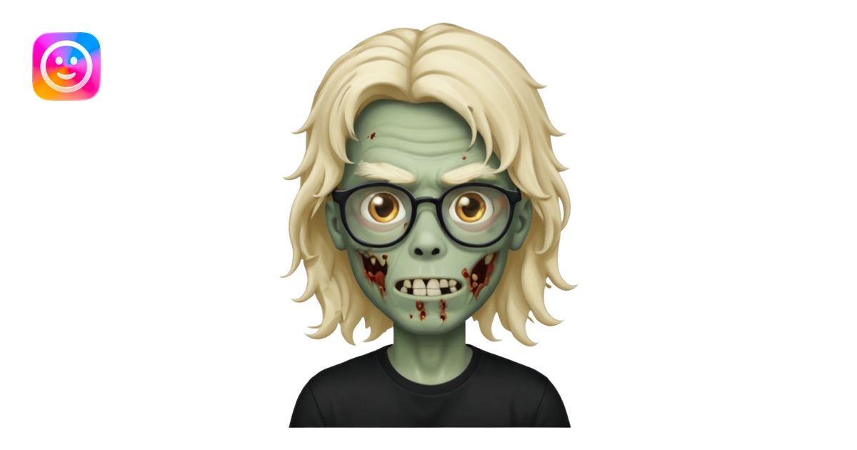A zombie boy with long, wavy, falling hair, non-oval glasses, and a ...