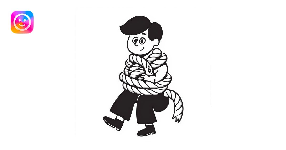 A person humorously tied up and tangled in rope with a silly expression ...
