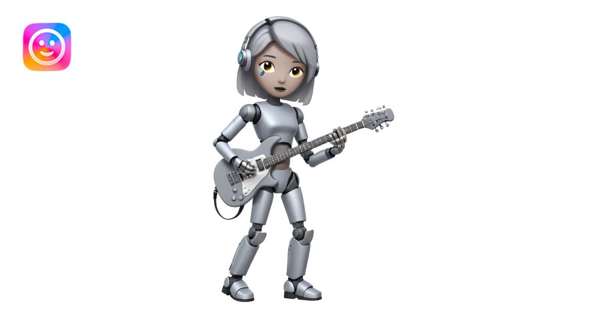 a cyper robot carry her note and electric guitar and try to change the ...