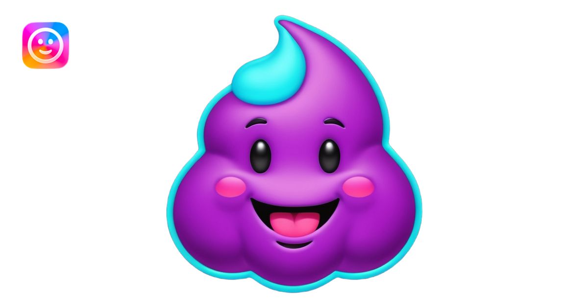 futuristic glowing poop emoji with funny smiling face, purple and cyan ...