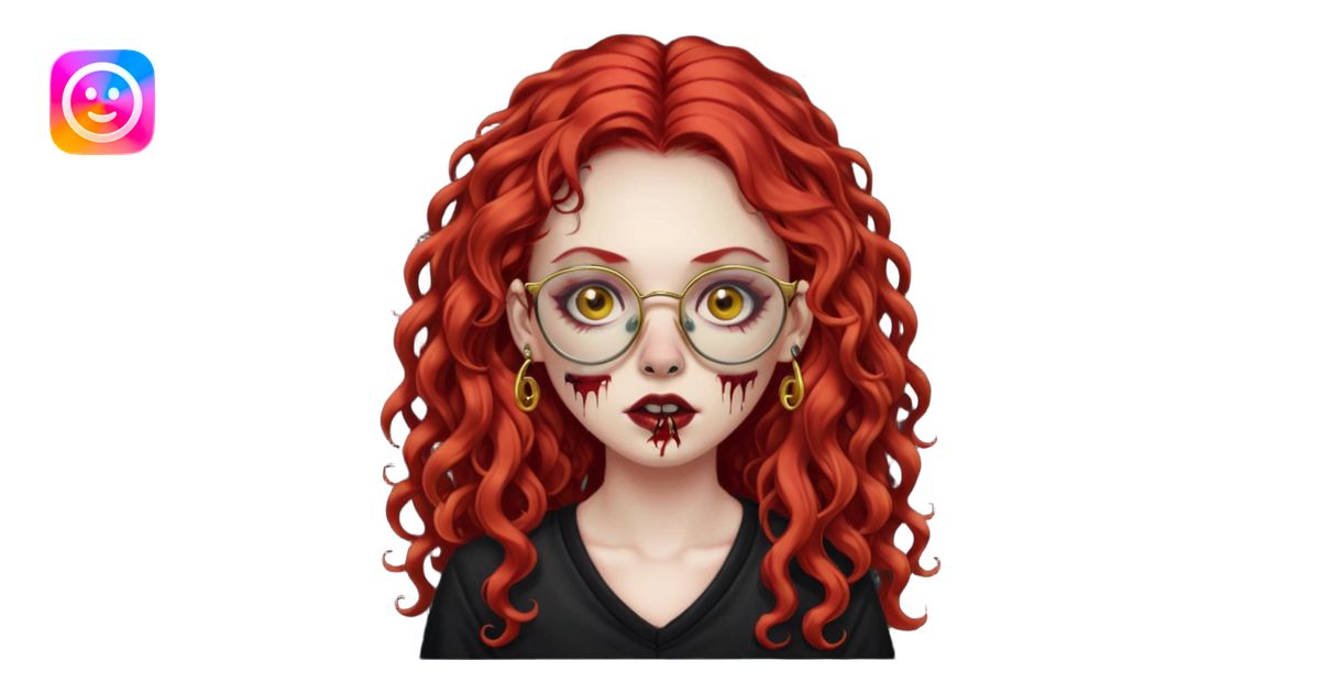 zombie girl with long red curly hair, thick lashes, black glasses, gold ...