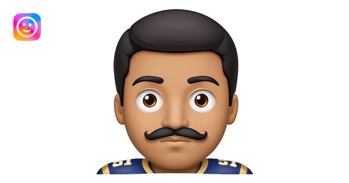 Chill guy in LA Rams jersey with nu.ber 52. Black hair black mustache ...