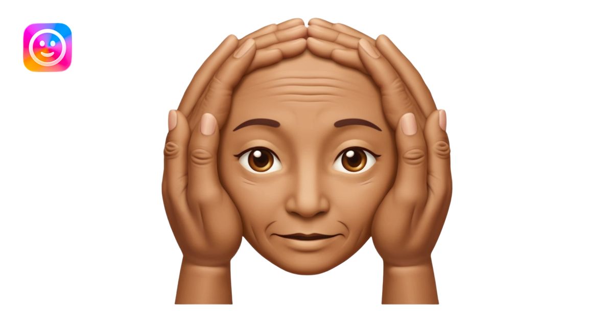 Simple emoji of a face with wrinkles being smoothed by hands, both ...
