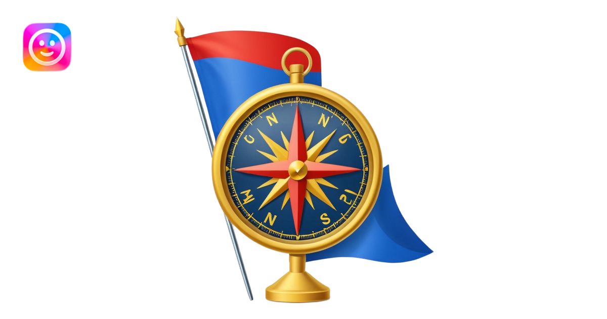 A minimal emoji of a compass pointing toward a planted flag. Flat ...