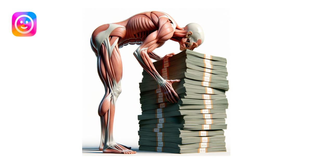corpo umano anatomico che bacia una mazzetta di banconote ...