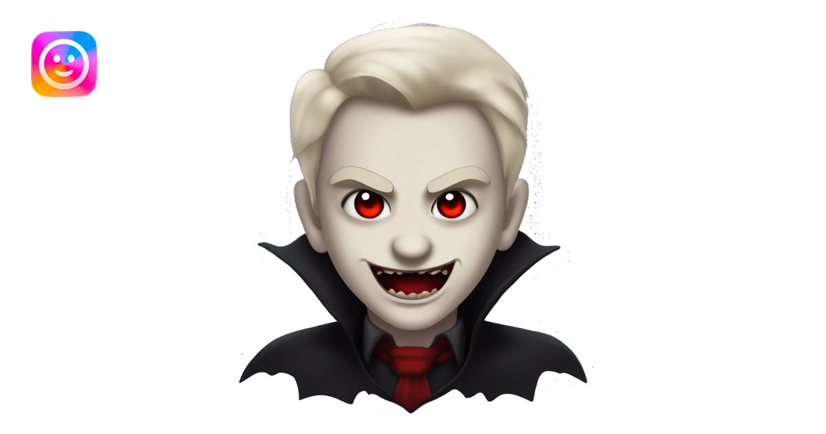 “A pale face with glowing red eyes, a sharp fanged smirk, and dark ...