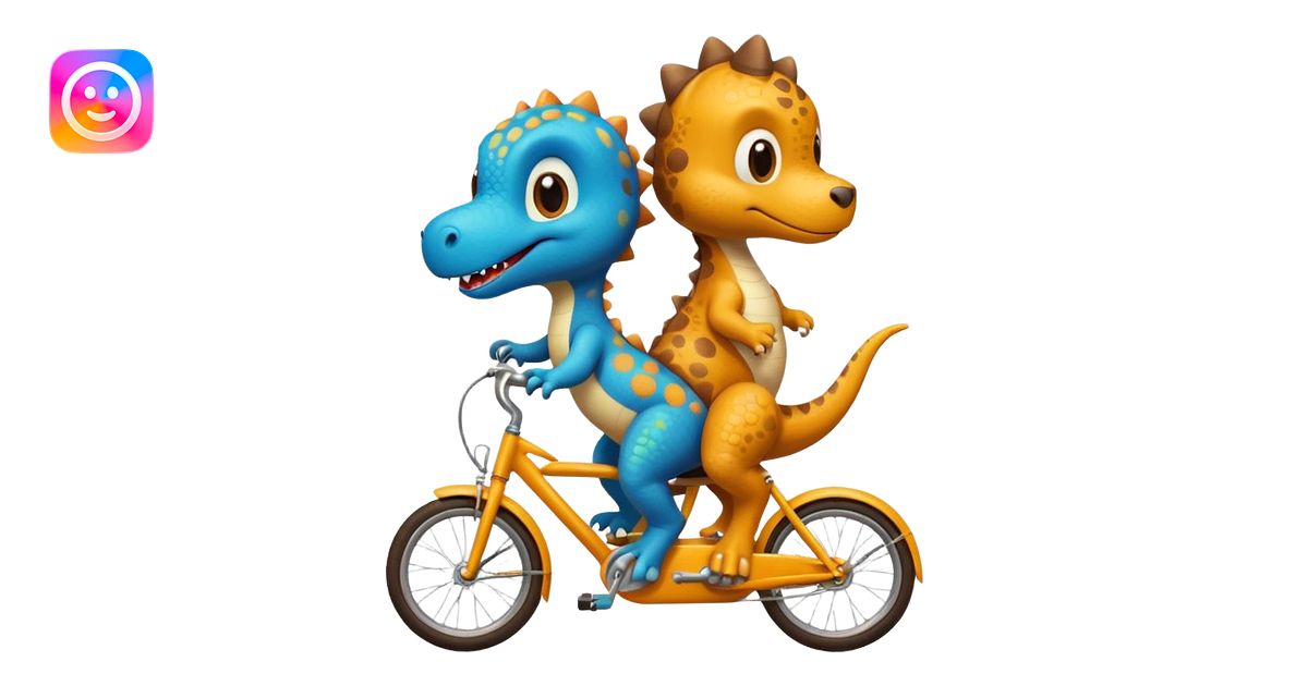 Baby dinosaur and puppy riding a retro bike emoji | AI Emoji Generator