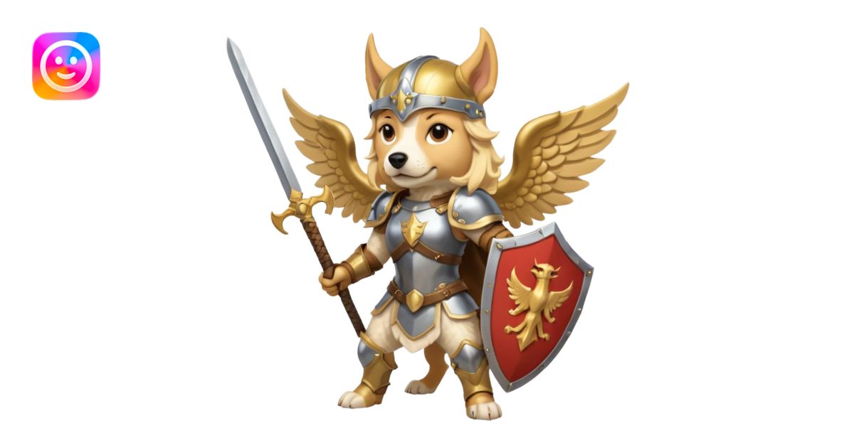 dog freya has sword and shield. she is a valkyrie and has wings ...