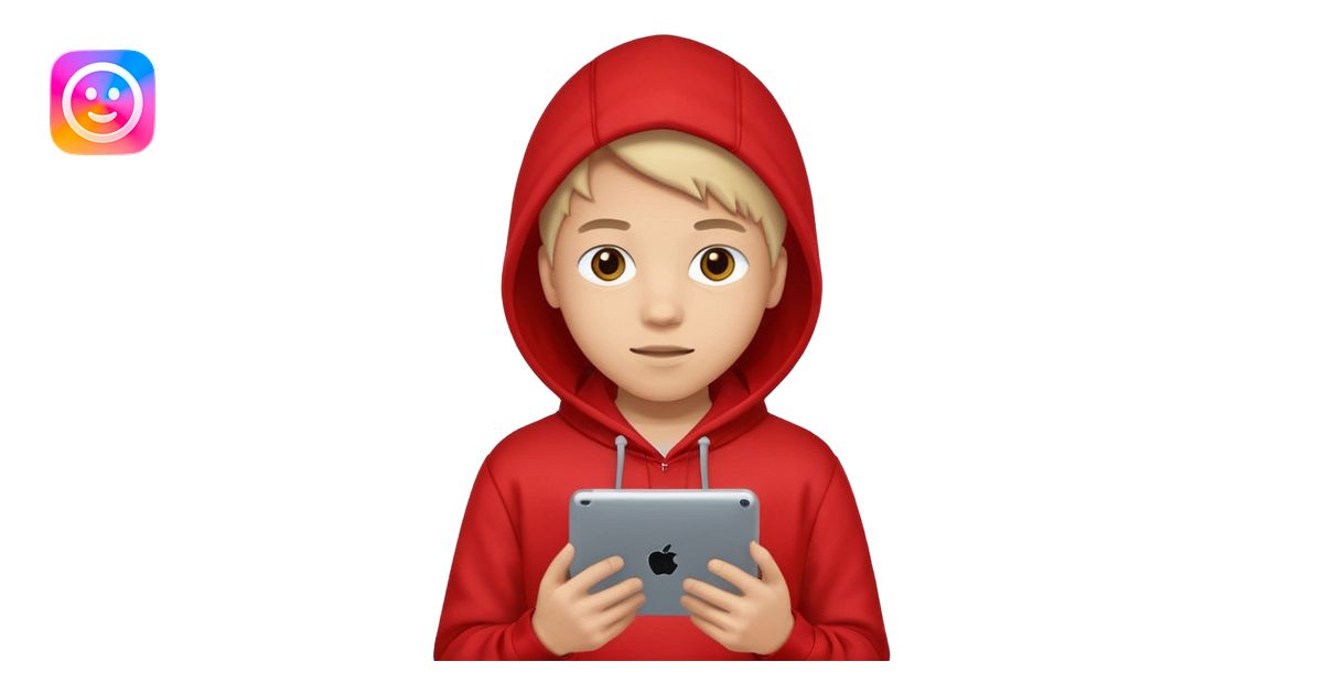 Teen gaming on tablet, red hoodie emoji | AI Emoji Generator