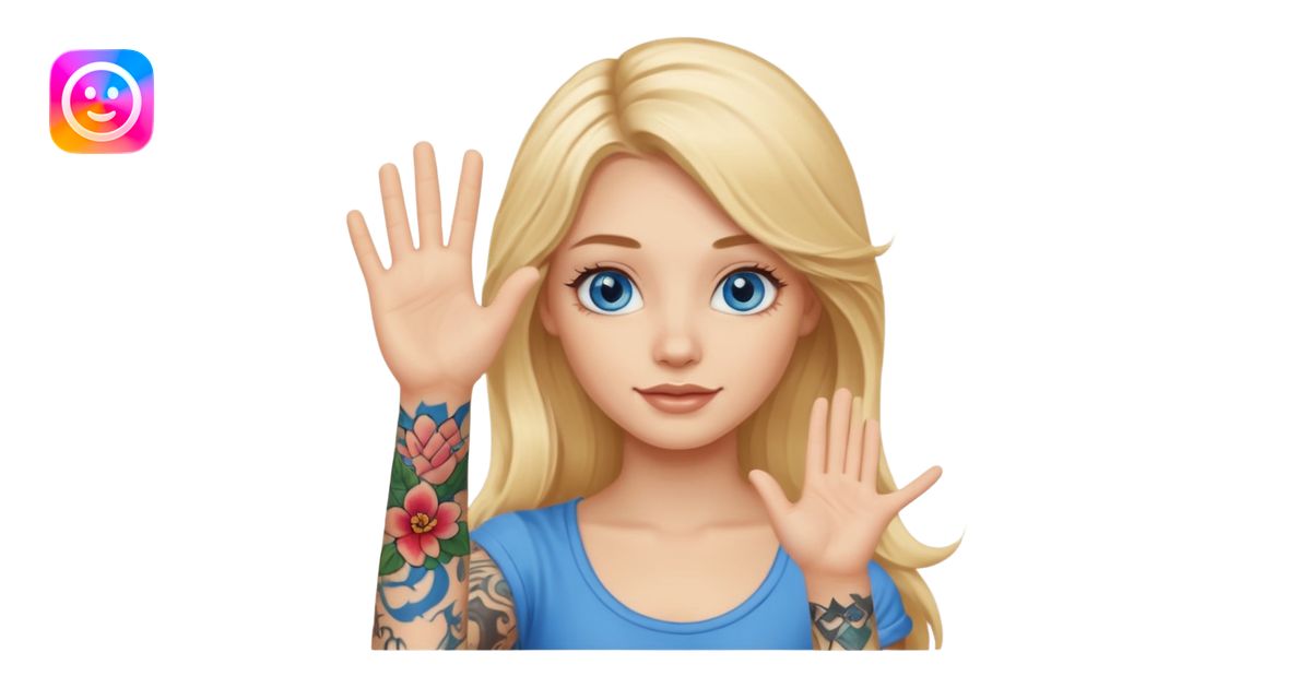 blonde girl with long hair blue eyes waving hello with tattoos emoji ...