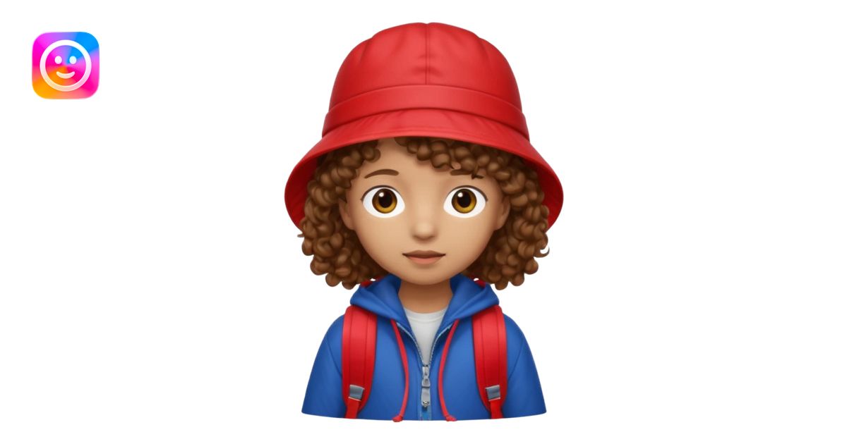 Little student brown curly hair, wears red bucket hat and jacket ...