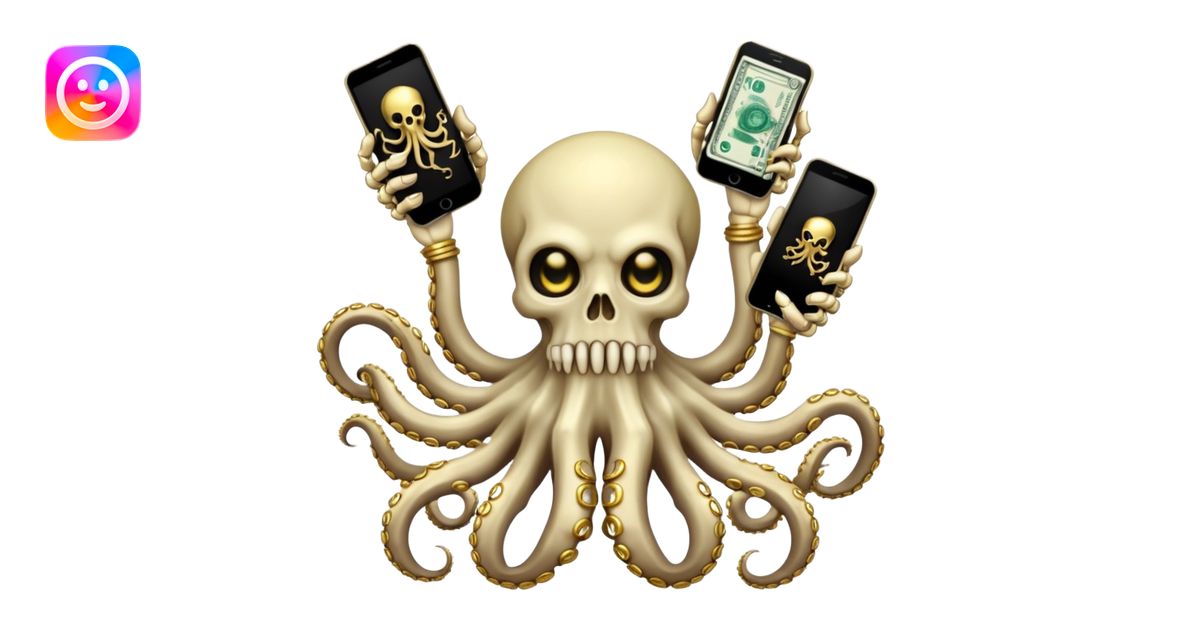satanic octopus skeleton. Evil looking eyes, wearing a gold necklace. 2 ...