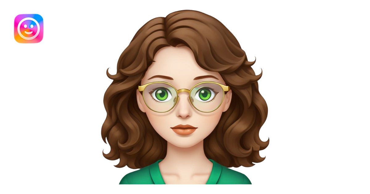 woman with pale skin, brown wavy hair, green eyes, gold glasses emoji ...