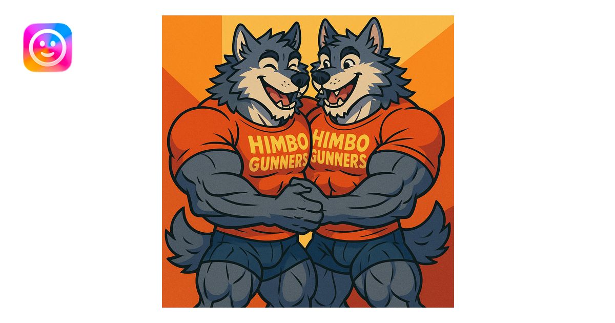 two extremely muscular wolf furries wearing 'Himbo gunners' t-shirts ...
