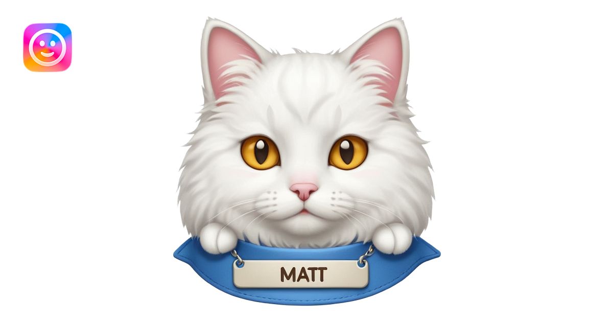 A WHITE CAT with a name tag that says mat emoji | AI Emoji Generator