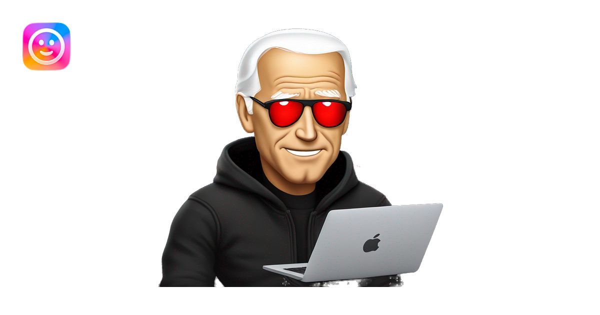 joe biden in a black hoodie with bright red glowing laser eyes typing on a macbook, joe biden ...