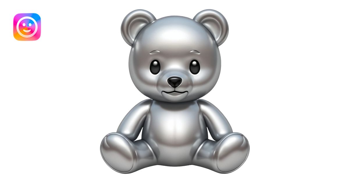 A cute teddy bear emoji made of liquid silver chrome, smooth rounded ...
