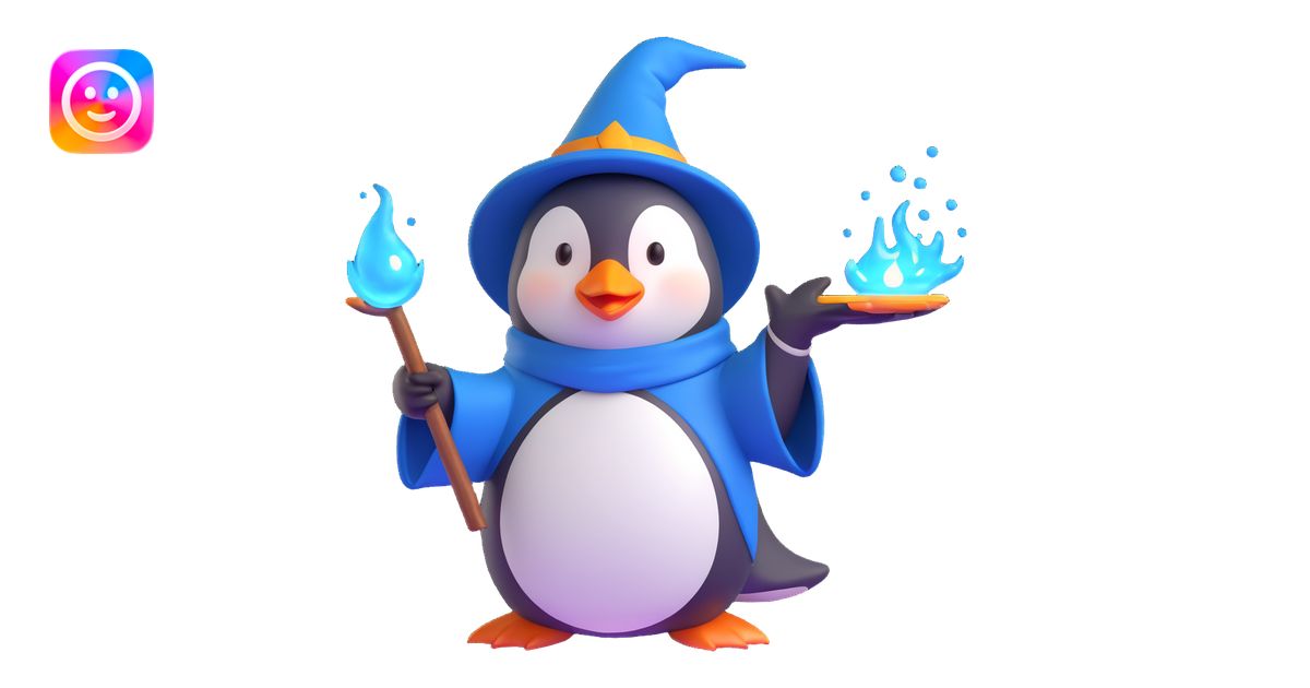 penguin wizard casting a spell with glowing effects in 3D style emoji ...