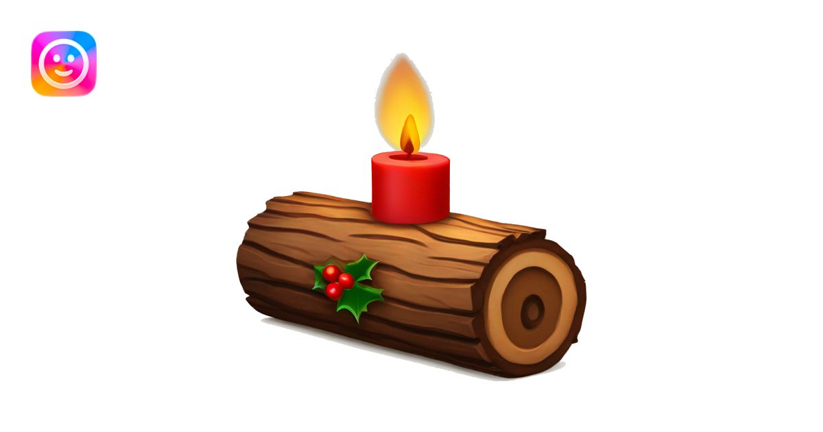 Wooden yule log with red candle in the centre and holly either side ...