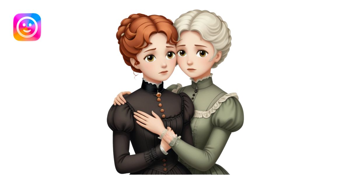 Two Victorian women with light eyes in a sad intimate hug, one with ...