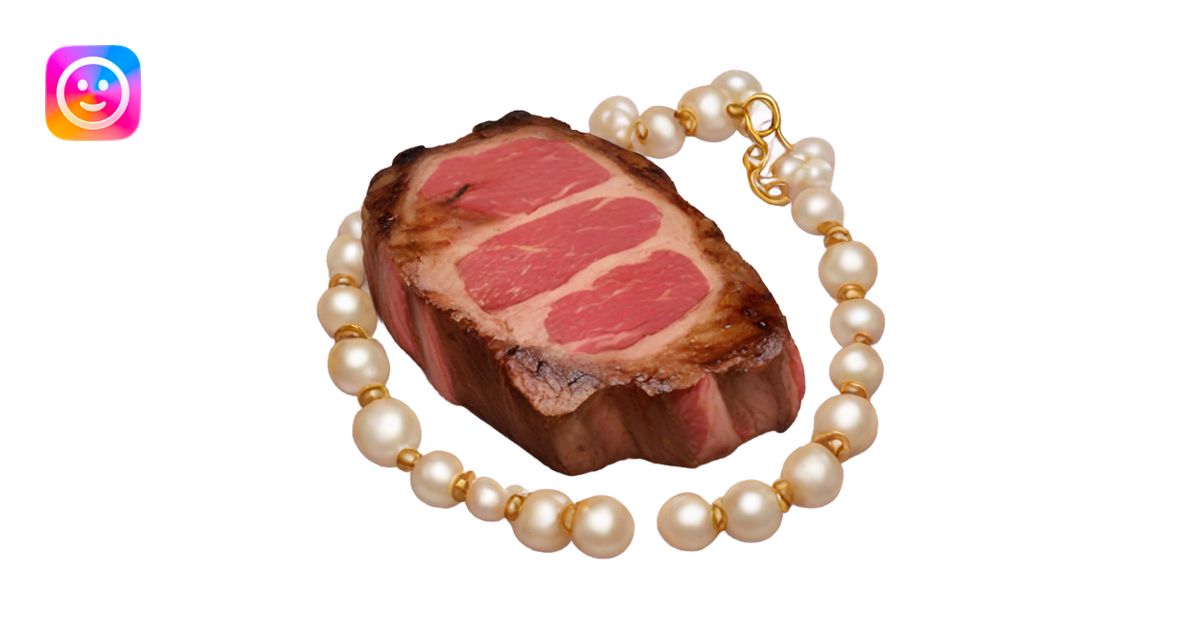 Steak with pearl necklace purse makeup and heels emoji | AI Emoji Generator