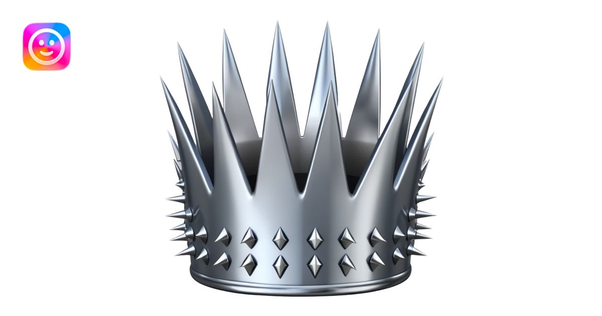 A spiked crown emoji made of silver chrome, sharp yet rounded metallic ...