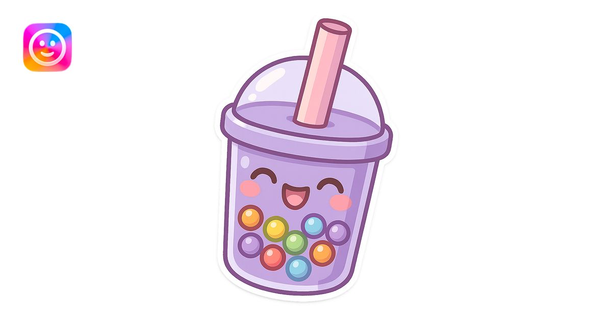 purple bubble tea with rainbow boba, cute and exaggerated chibi sticker ...