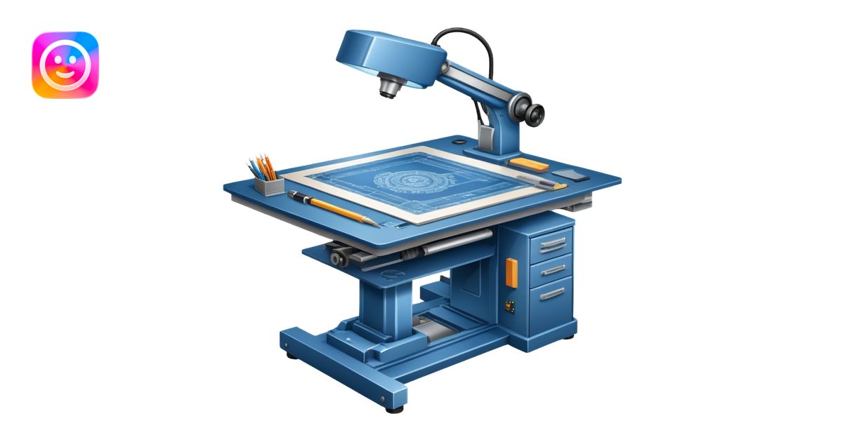 An icon featuring an engineering drafting table with a blueprint, a ...