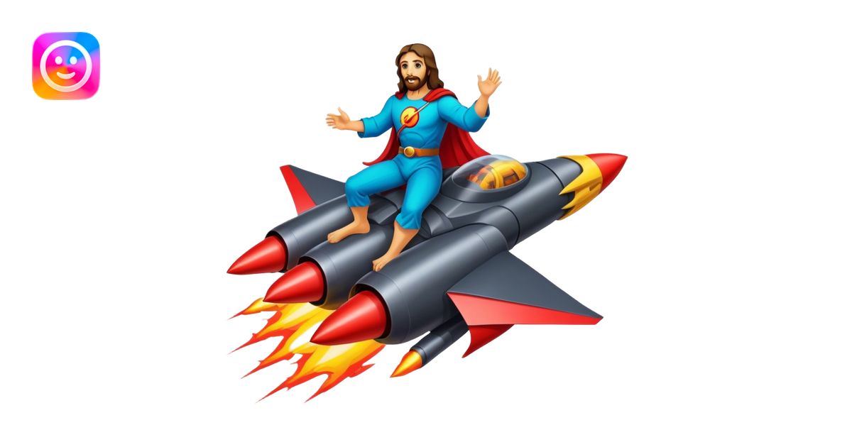jesus riding a rocket batmobile boom! emoji | AI Emoji Generator
