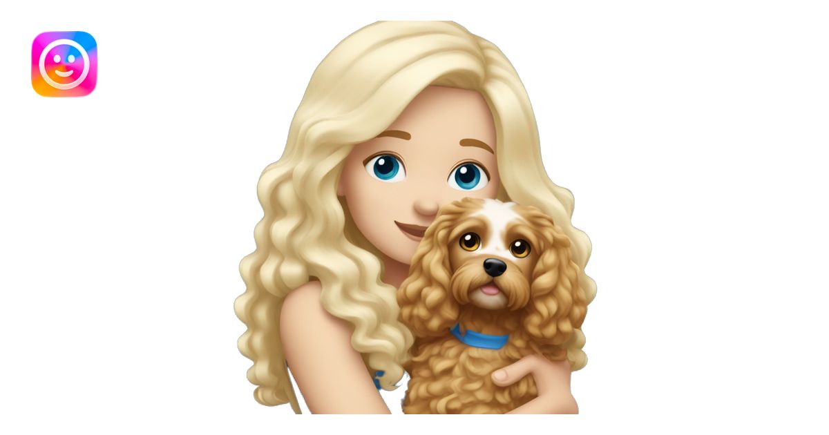 White blond girl with long hair and blue eyes hugging a cavapoo dog ...